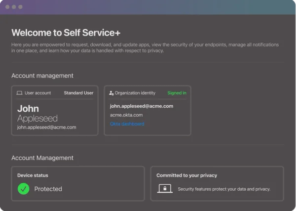 An image showing Self Service+ displaying Account management with User account, Organization identity and Device status.