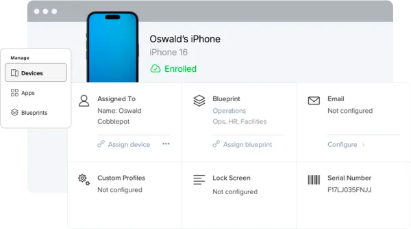 A Jamf Now image displaying managed devices including who it's assigned to, Blueprint, Email, Custom profiles, Lock screen and Serial number.