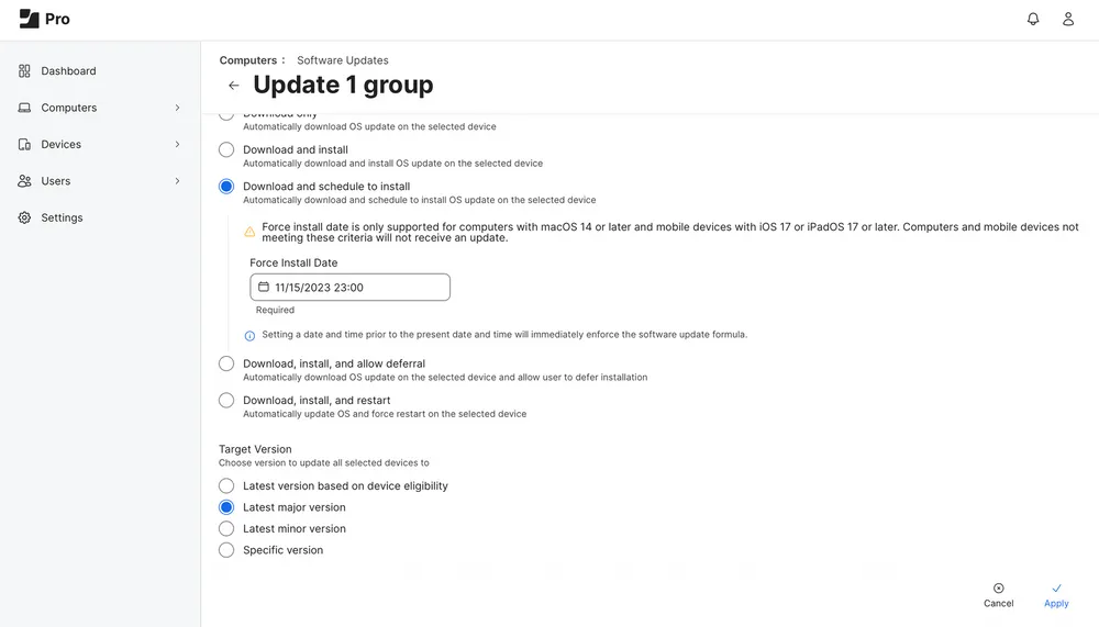 Managed software updates via Declarative Device Management (DDM)