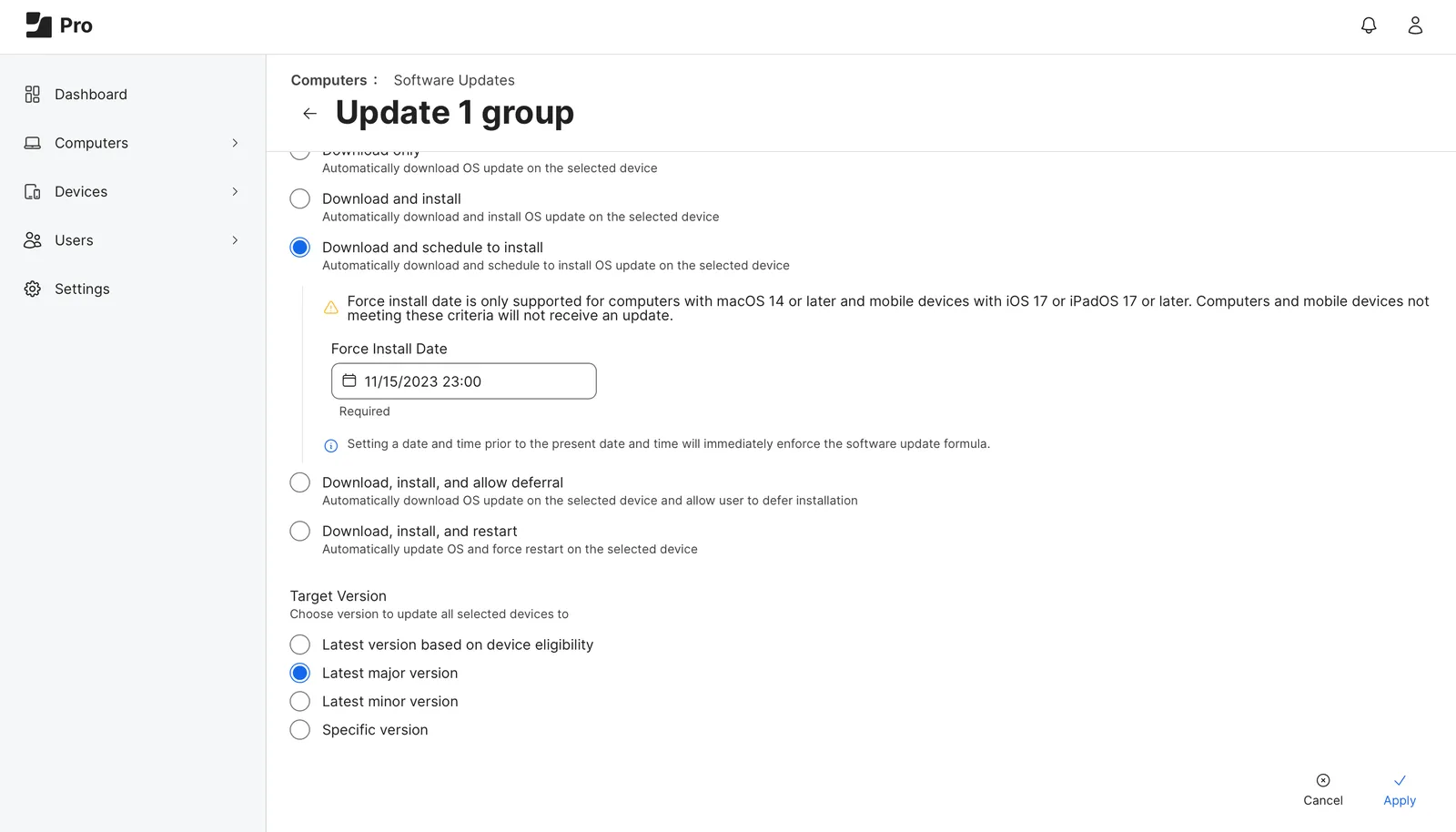 Managed software updates via Declarative Device Management (DDM)